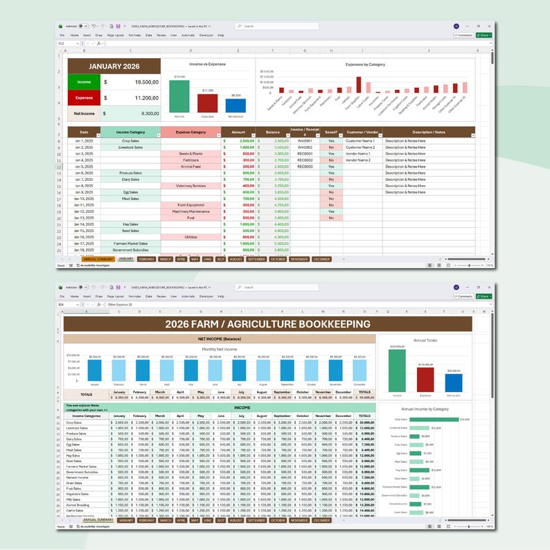 Agriculture & Farm Accounting Spreadsheet, Financial Records, Income ...