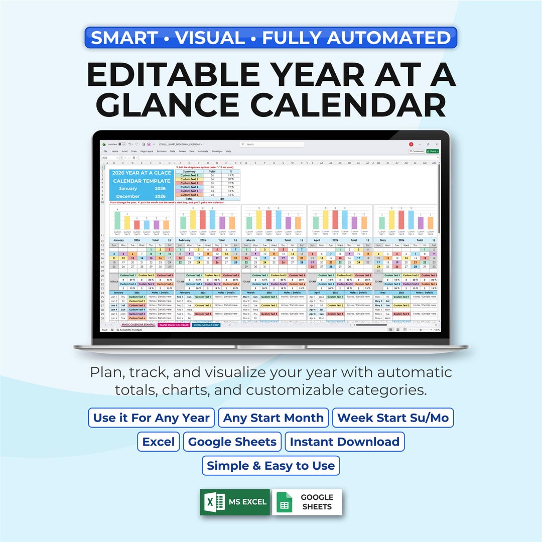 Editable Year at a Glance Calendar Excel, Google Sheets Calendar ...