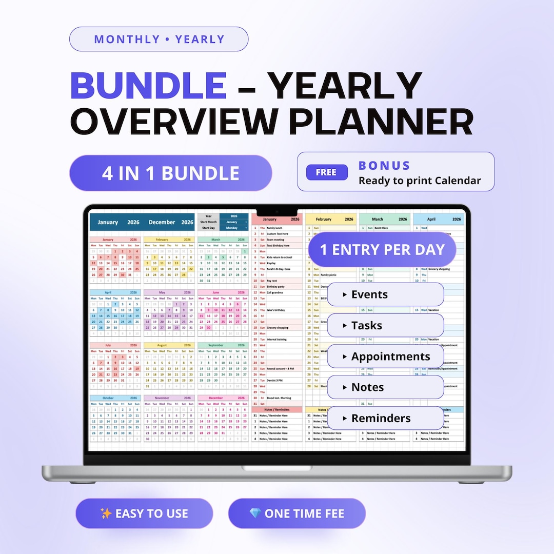 Yearly Overview Planner Bundle | Year at a Glance Planners | Annual ...