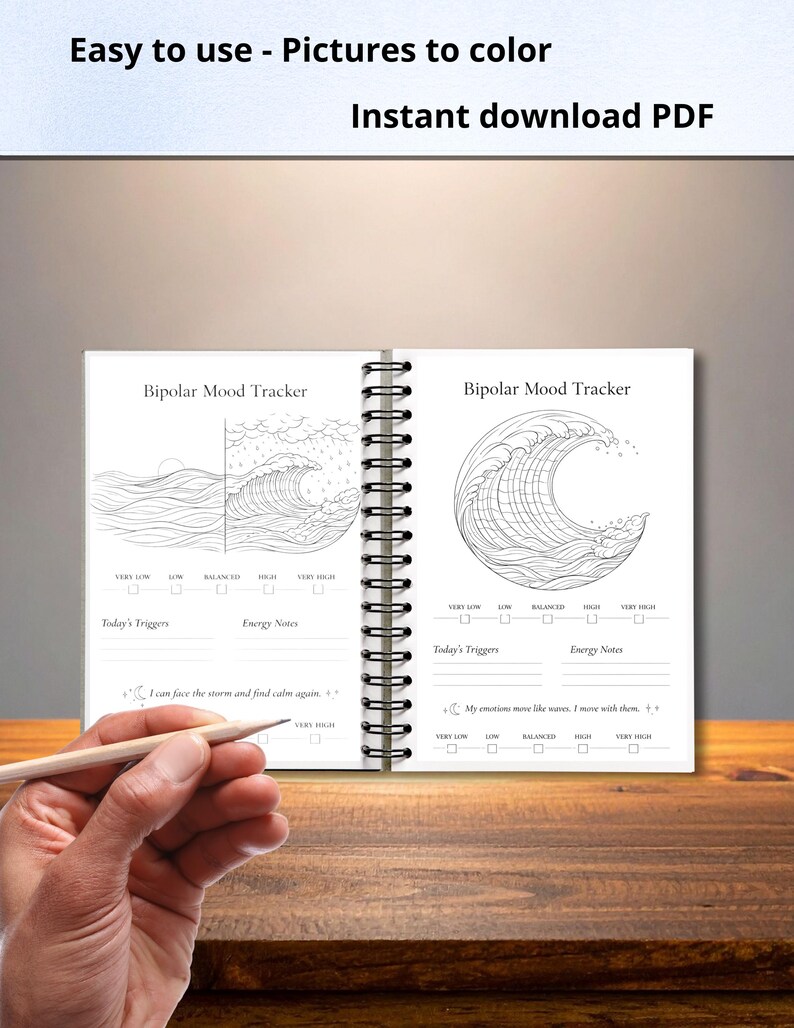 Wave Theme Bipolar Mood Tracker Printable: Mental Health Workbook (PDF ...
