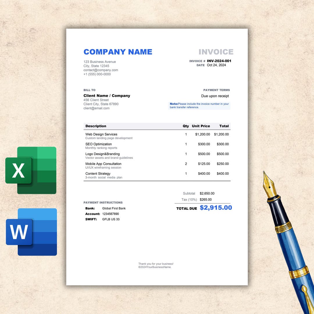 Professional Editable Invoice Template, Instant Download (microsoft ...