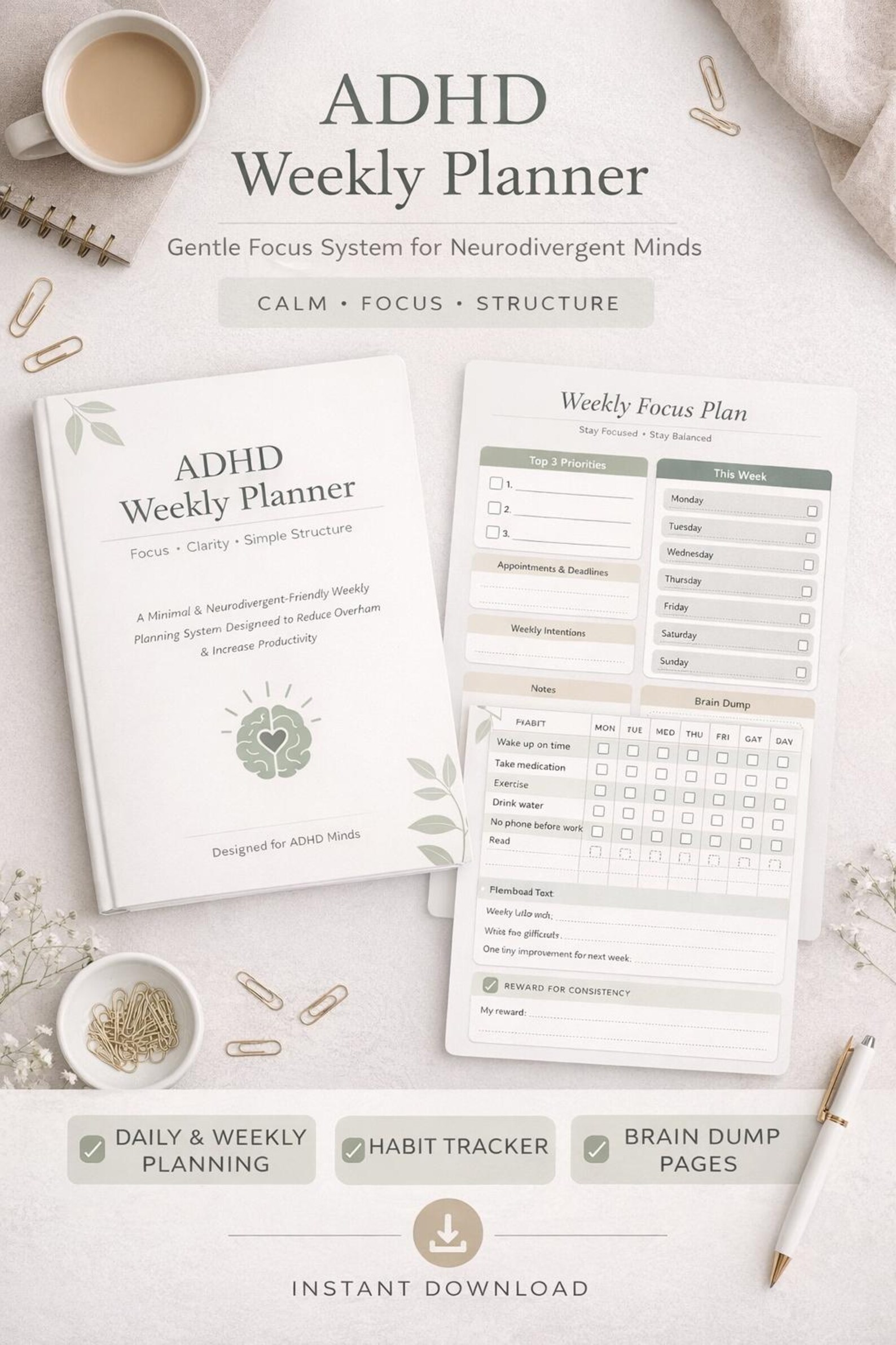 ADHD Weekly Planner Printable | Neurodivergent Focus, Habit Tracker ...