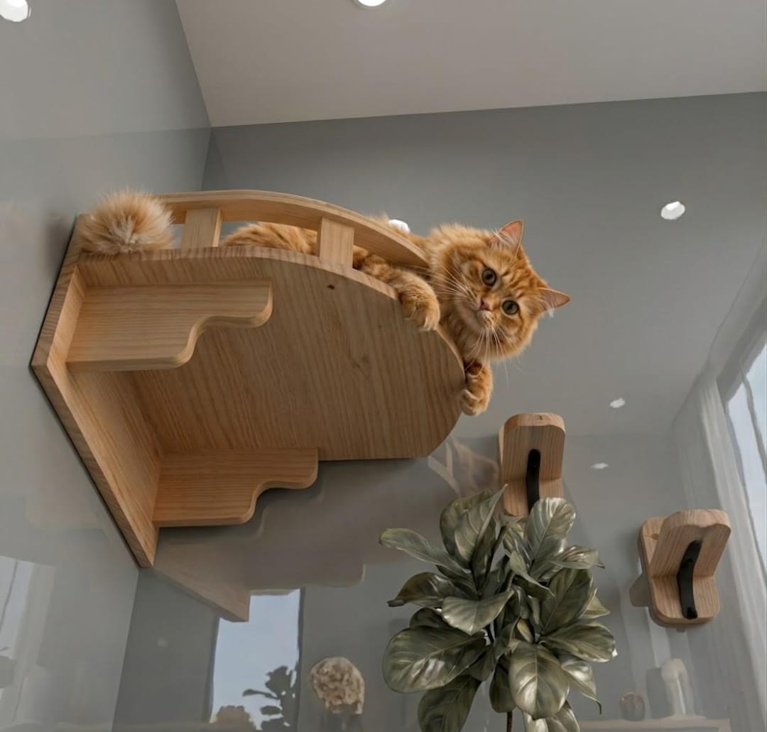 Wooden Wall-mounted Cat Shelf With Steps Stylish & Functional Furniture ...