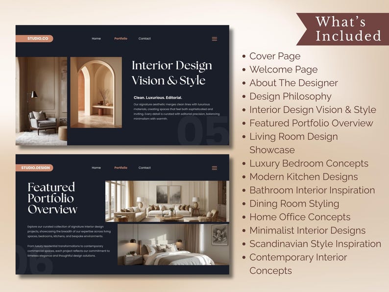Interior Design Portfolio Canva Template Dark Moody Modern Studio ...