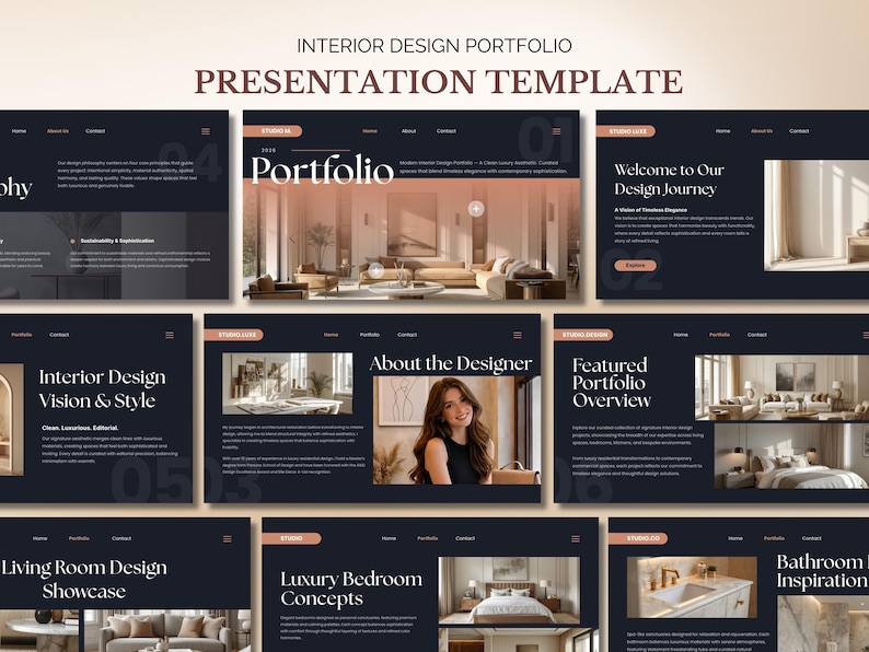 Interior Design Portfolio Canva Template Dark Moody Modern Studio ...