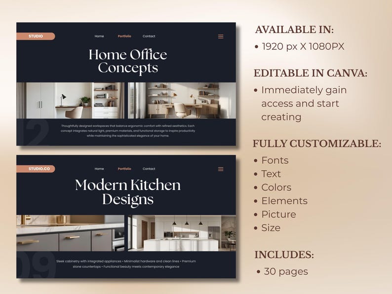 Interior Design Portfolio Canva Template Dark Moody Modern Studio ...