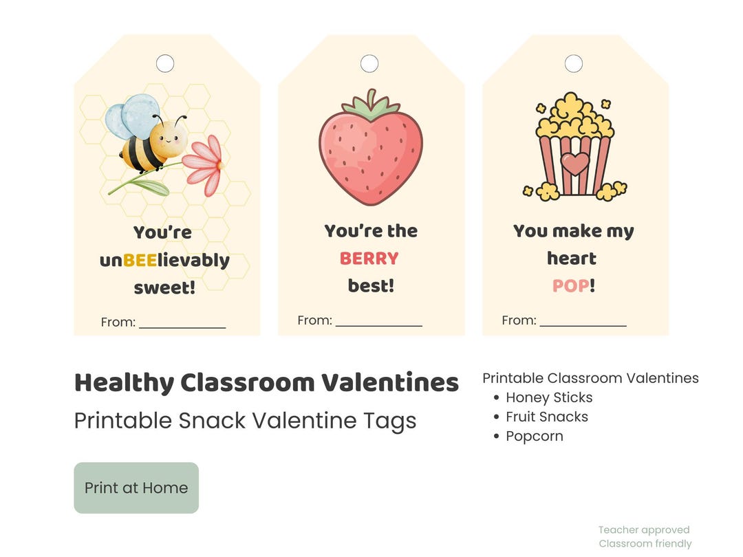 Healthy Classroom Valentines Printable | Snack Valentine Tags for Kids ...