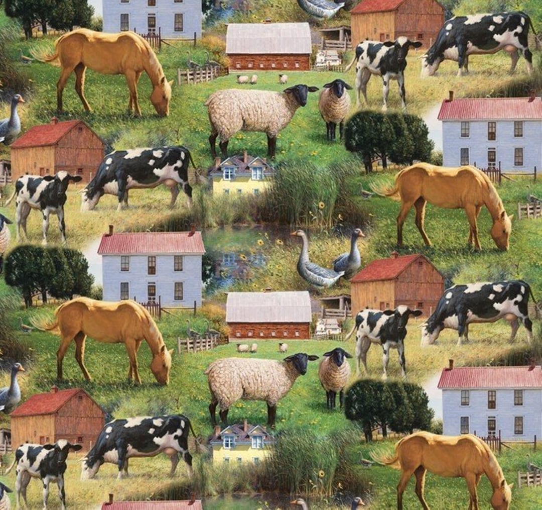 Past & Present Farm Scene by Ned Young for Four Seasons David Textiles ...