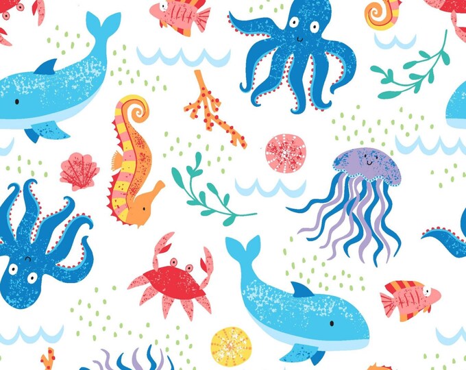 Multi Sea Creatures, Seas the Day Multi Sea Creatures Fabric by Diane ...