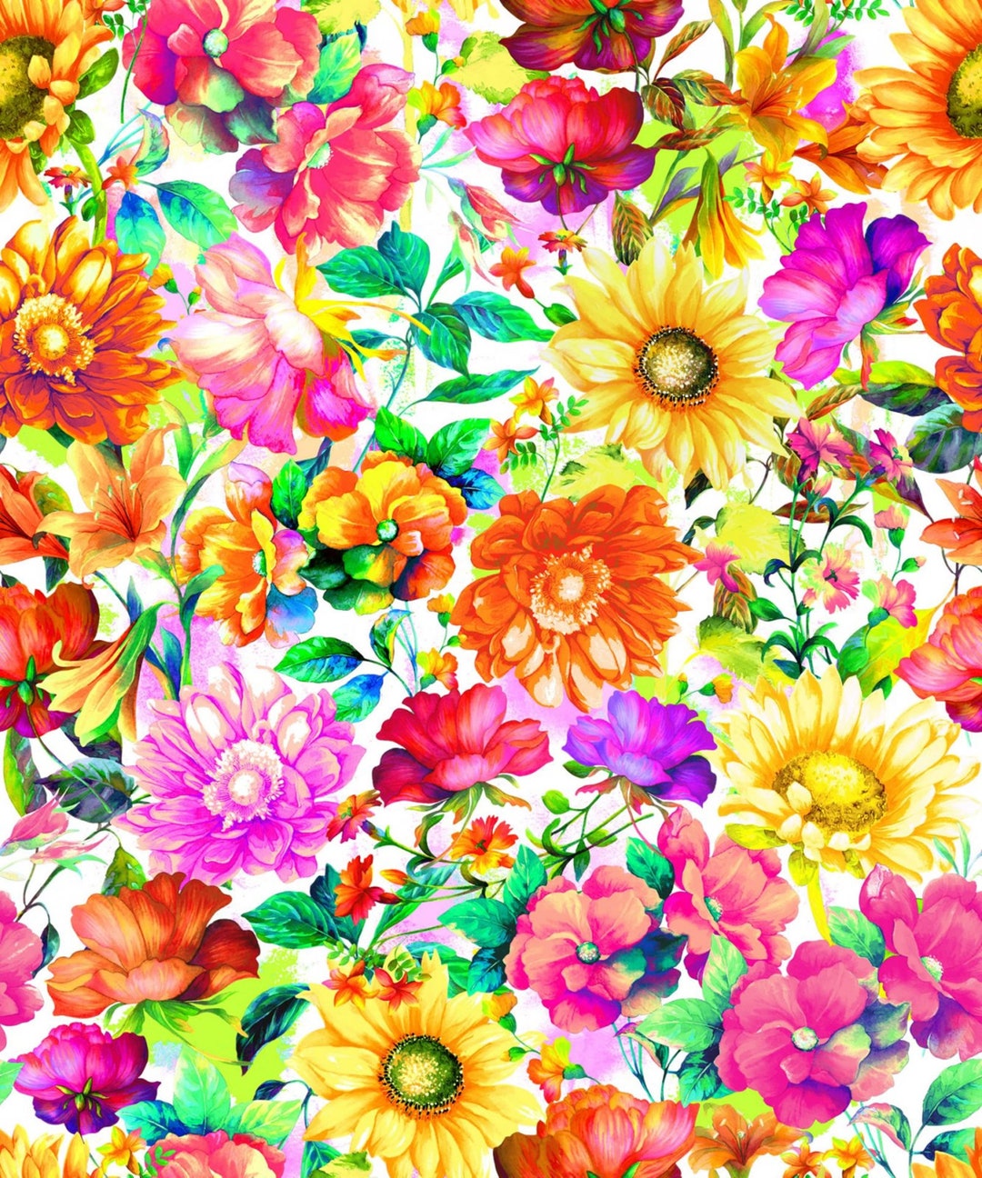 Tossed Multi Flowers, Multi Flowers Fantasy Collection by Oasis Fabrics ...
