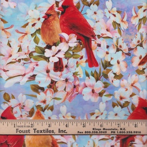 Red Cardinal Pair in Dogwood Scenic Allover Print Fabric David Textiles ...