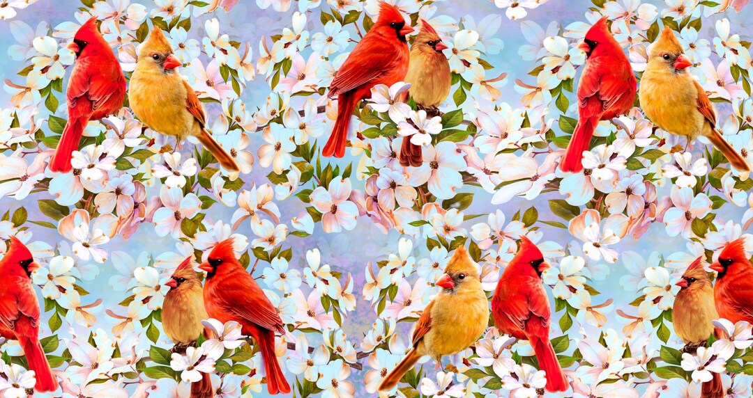 Red Cardinal Pair in Dogwood Scenic Allover Print Fabric David Textiles ...