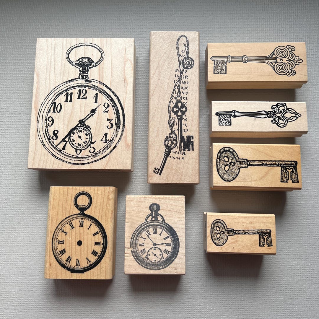 Vintage Clock and Keys Wood Mounted Rubber Stamps - Etsy