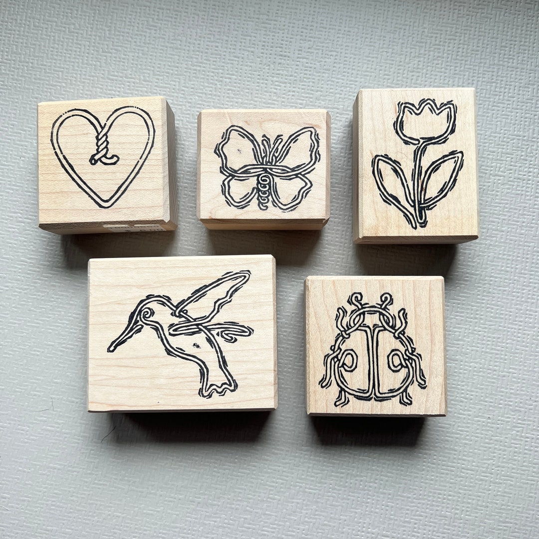Vintage Rubber Stamp Rope Art Heart, Butterfly, Flower, Bird, or ...