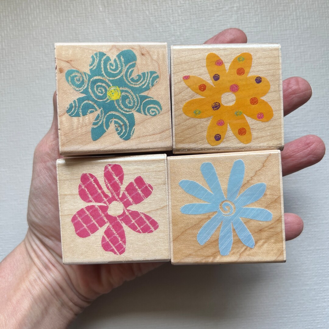 Vintage Rubber Stamp Four Patterned Flowers Wood Mounted Rubber Stamp ...