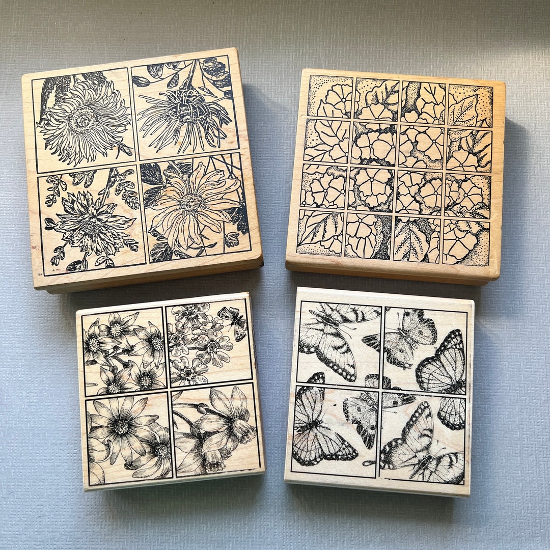 Vintage Rubber Stamp 4 Square Flower and Butterfly and Pattern Tile ...