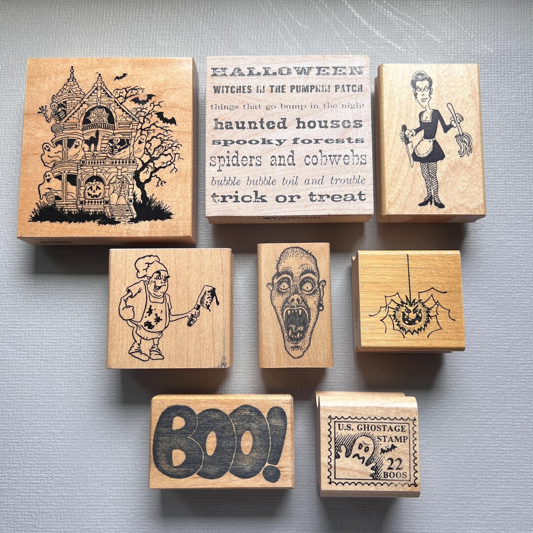 Rubber Stamps Halloween Boo, Haunted House, Ghost, Spider Vintage Wood ...