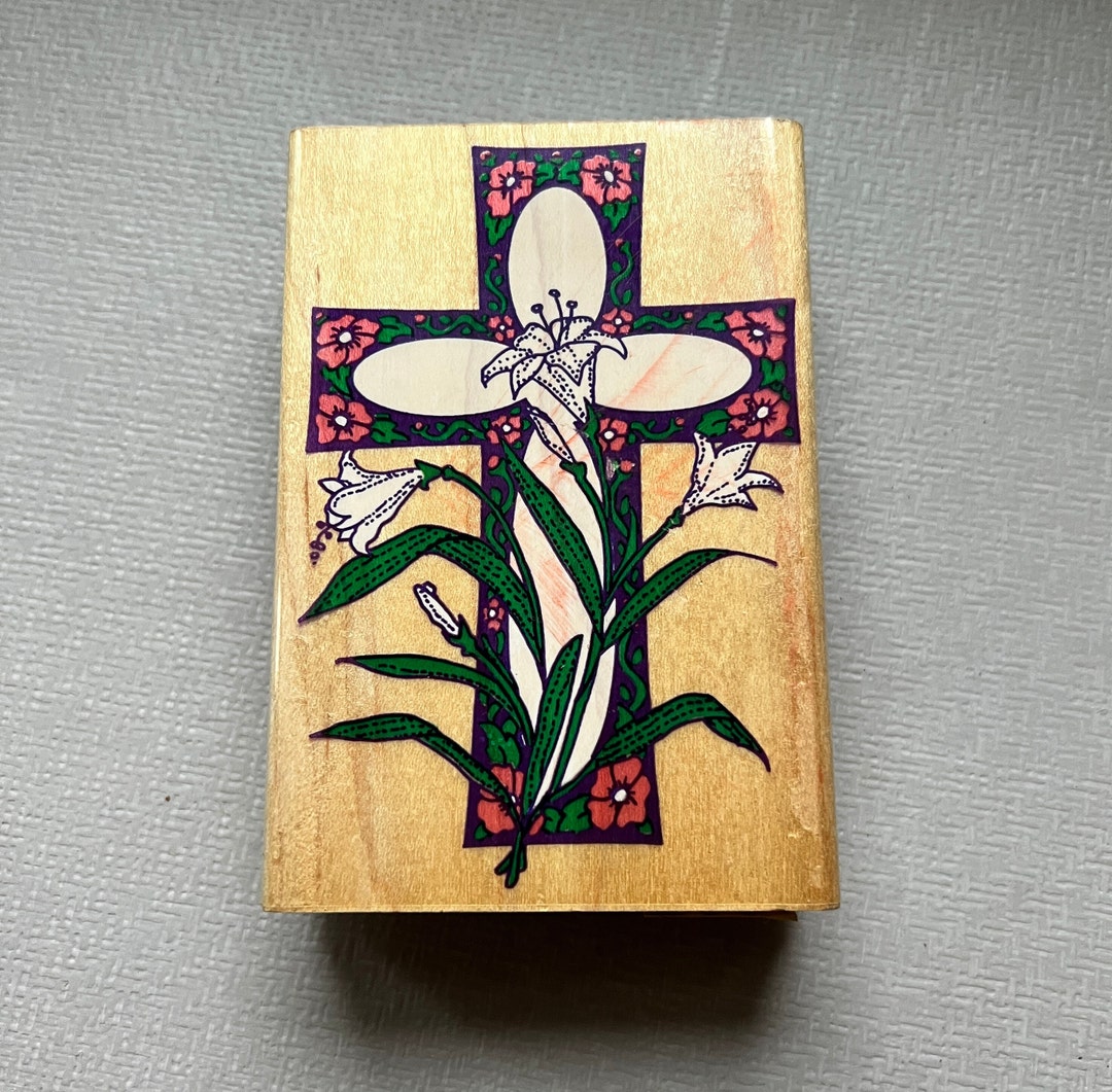 Vintage Rubber Stamp Cross With Lilly Flowers Collage From Inkadinkado ...