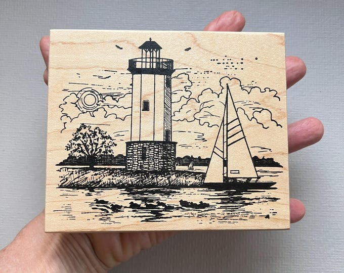 Vintage Rubber Stamp Lighthouse Boat Scene Northwoods Rubber Stamps ...
