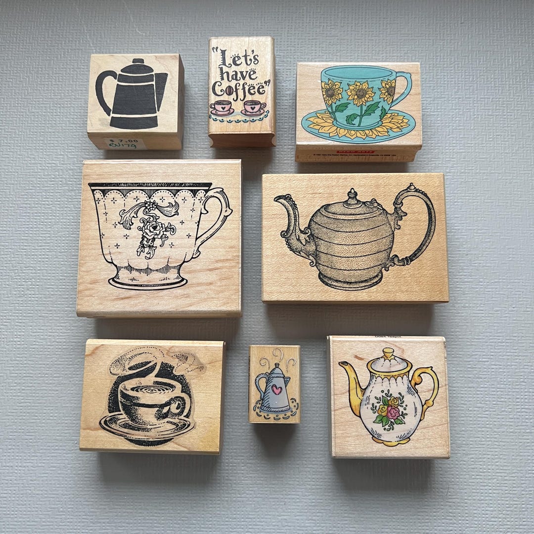 Vintage Rubber Stamp Coffee, Teapot or Cups or Mugs Wood Mounted Rubber ...