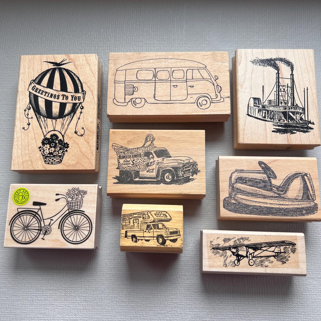 Vintage Transportation Rubber Stamps Balloon, RV, Bike, Boat or Plane ...
