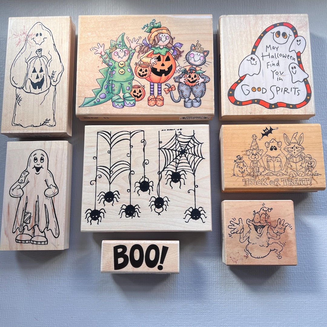 Rubber Stamps Halloween Boo, Ghost, Spider and Costumes Vintage Wood ...