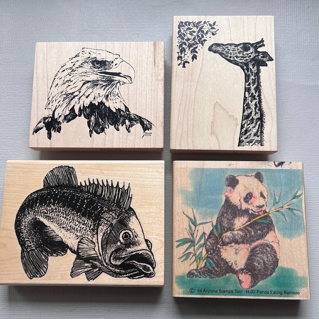 Vintage Rubber Stamp Choose Hawk, Giraffe, Bass Fish or a Panda Wood ...
