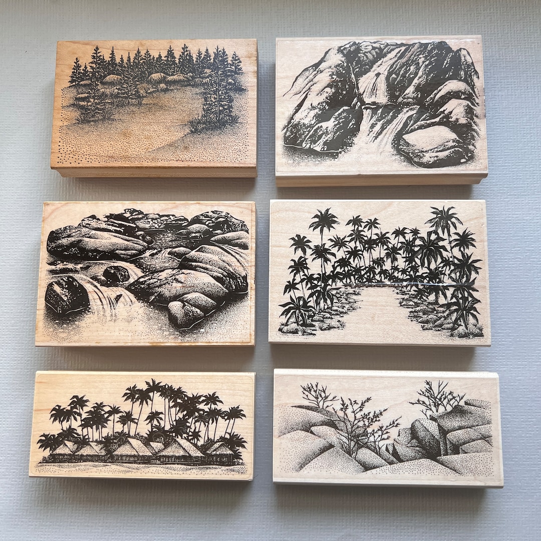Vintage Stampscapes Outdoor Landscape Trees, Rocks, Grass and Landscape ...