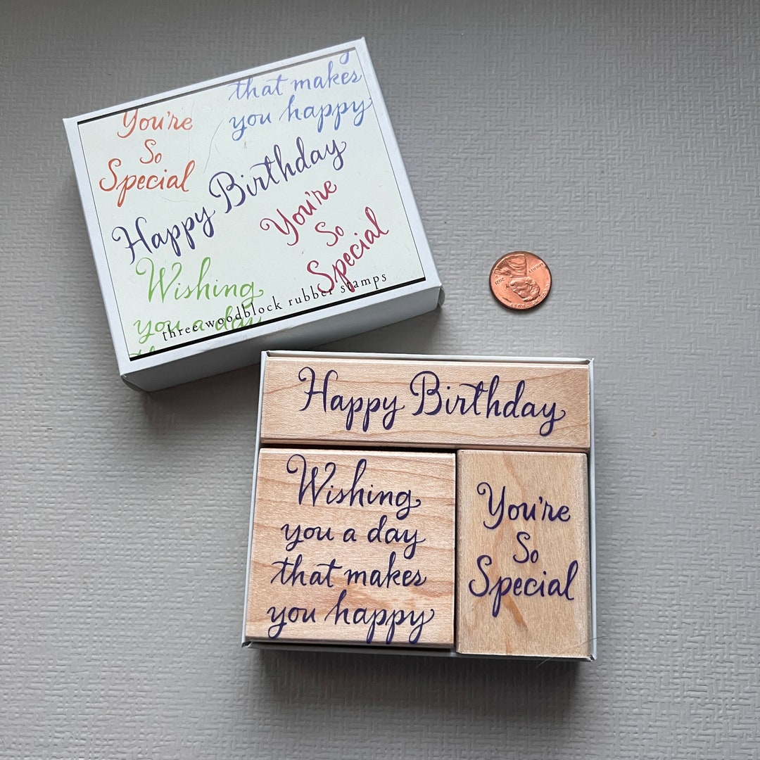 Vintage Rubber Stamp Set of 3 Happy Birthday Wood Mounted Stamp Set ...
