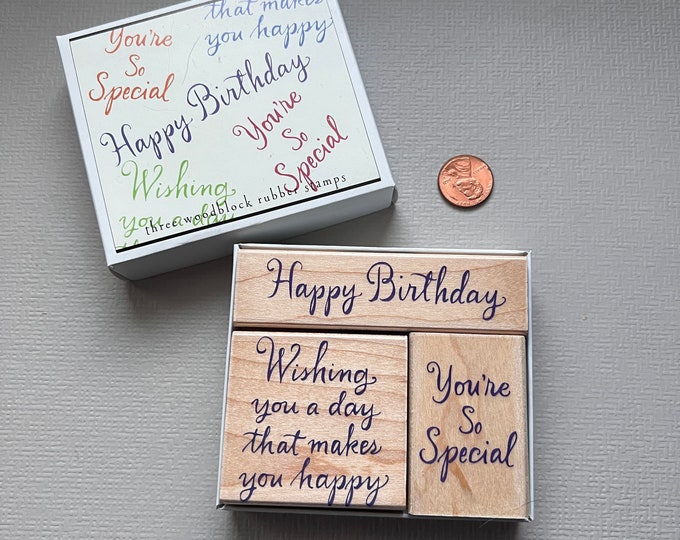 Vintage Rubber Stamp Set of 3 Happy Birthday Wood Mounted Stamp Set ...