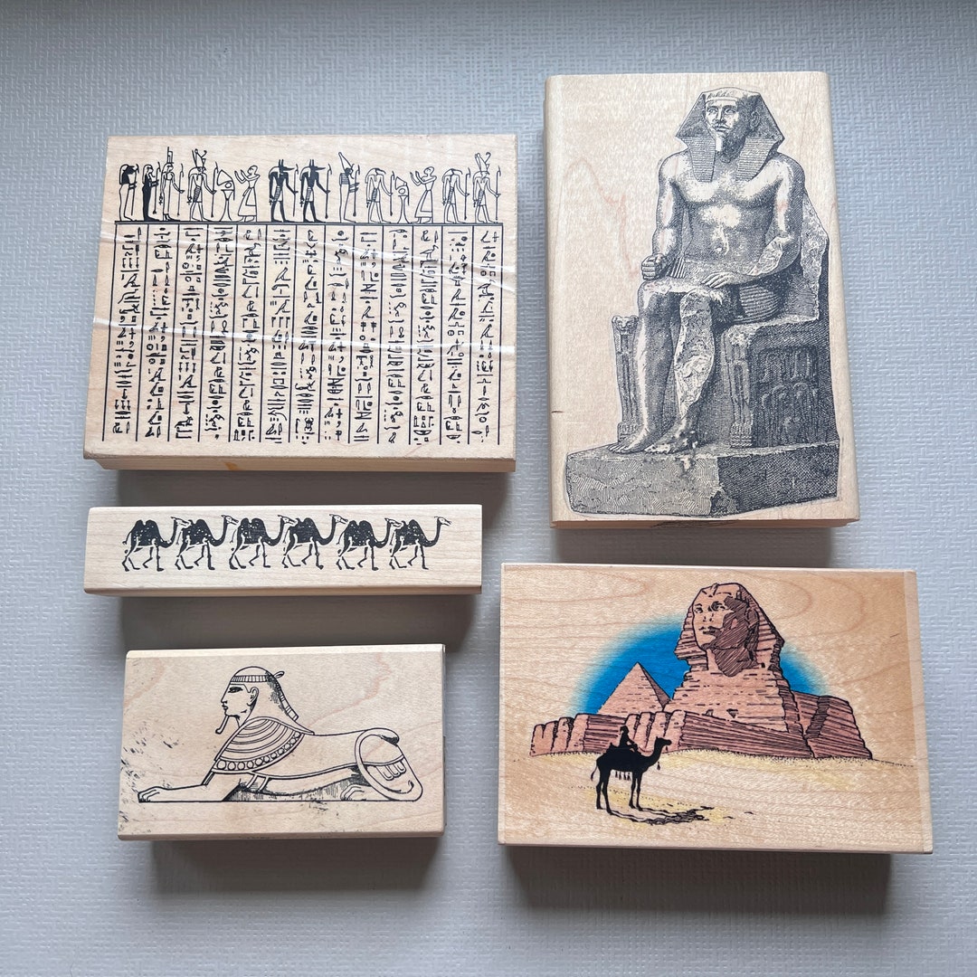Vintage Egyptian Pyramids, Pharaoh, Hieroglyphs Wood Mounted Rubber ...
