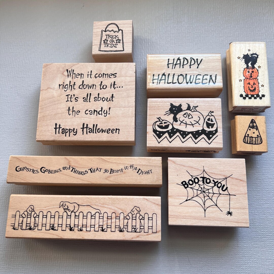 Rubber Stamps Halloween Cute Ghost, Spider, Pumpkin Vintage Wood ...