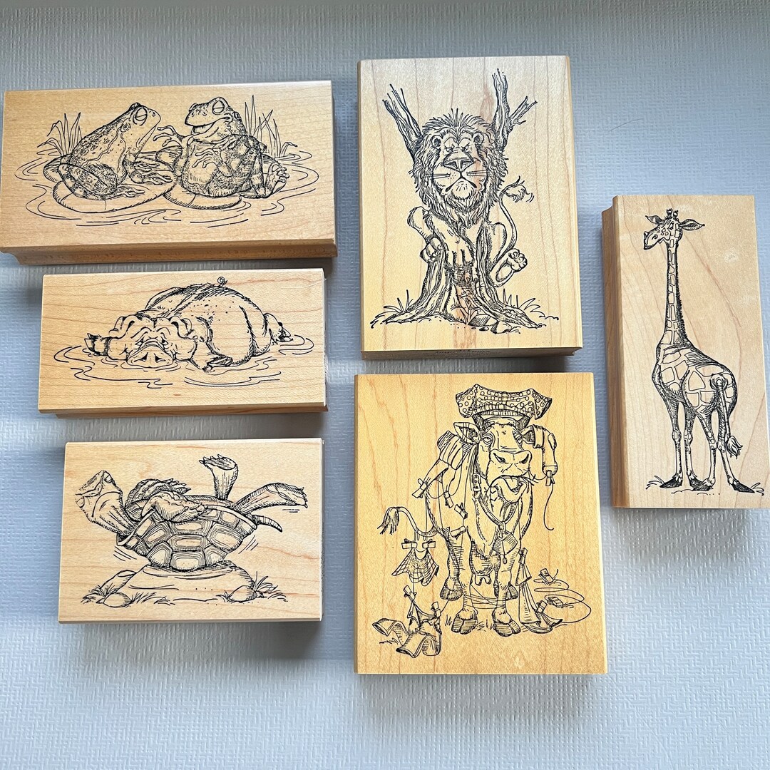 Vintage Rubber Stamp Cartoon Animals Frogs, Lion, Pig, Cow, Giraffe and ...