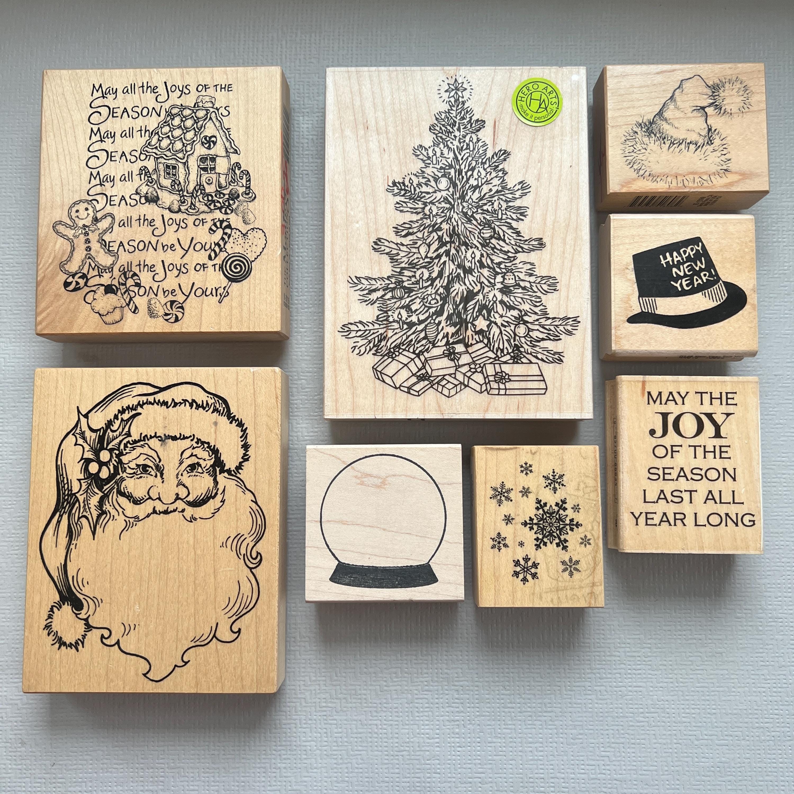 Vintage Rubber Stamps Christmas, Tree, Santa Hat, Snowflakes, Snowglobe ...
