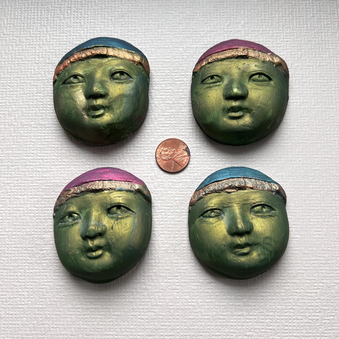 Clay Face With Hatmoss Green Blue or Pink Polymer Clay Cabochons Molded ...