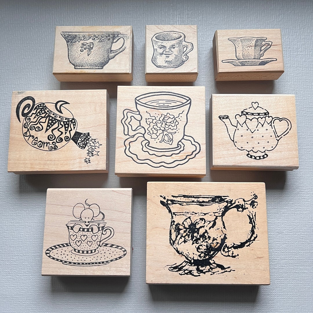 Vintage Rubber Stamp Teapot or Cups or Mugs Wood Mounted Rubber Stamps ...