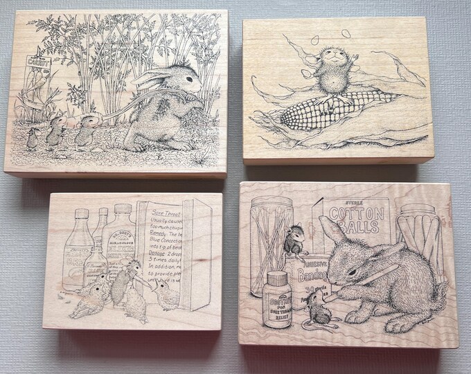 Vintage Retired House Mouse Rabbits, Birds and Corn Wood Mounted Rubber ...