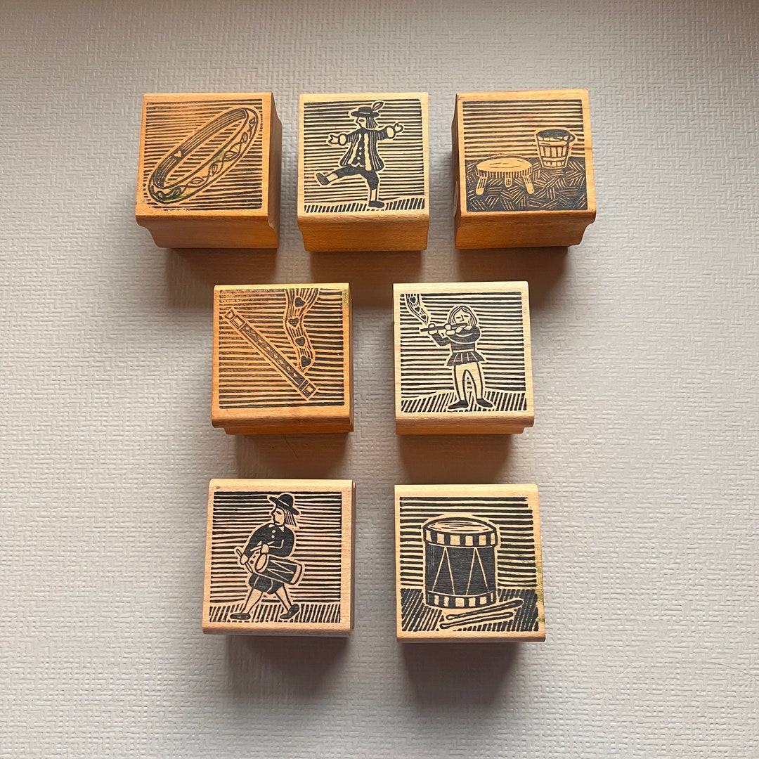 Rubber Stamp Vintage Carved People and Objects Music Wood Mounted ...