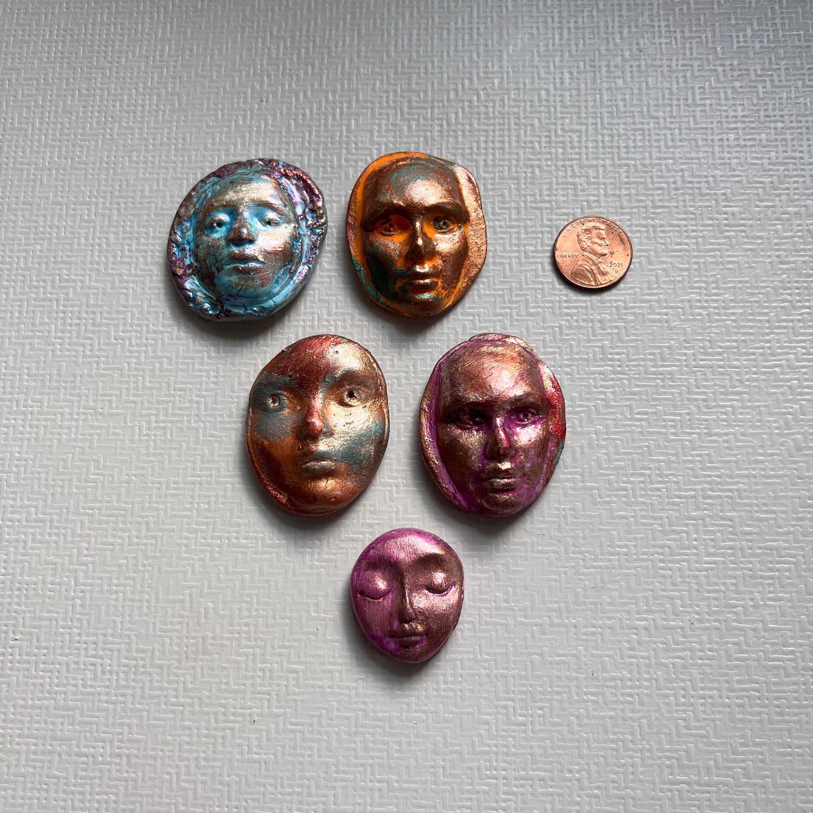 Polymer Clay Face Metallic Gold, Copper, Blue, Cabochons Molded Art ...