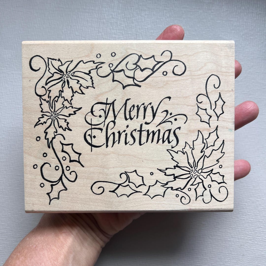 Vintage Merry Christmas Calligraphy With Ivy Border Rubber Stamp From ...