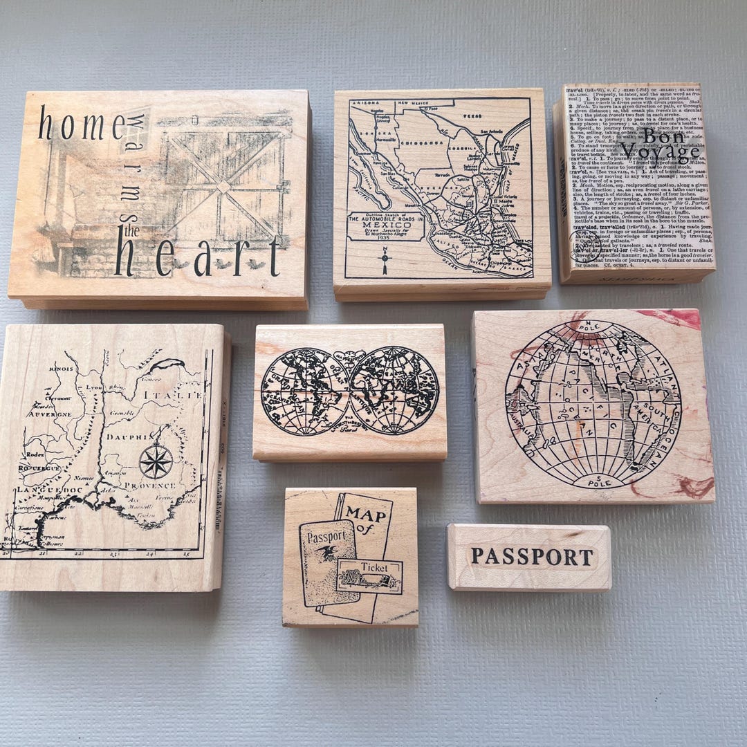 Rubber Stamps Home, Travel, Passport Map Vintage Wood Mounted Stamps - Etsy