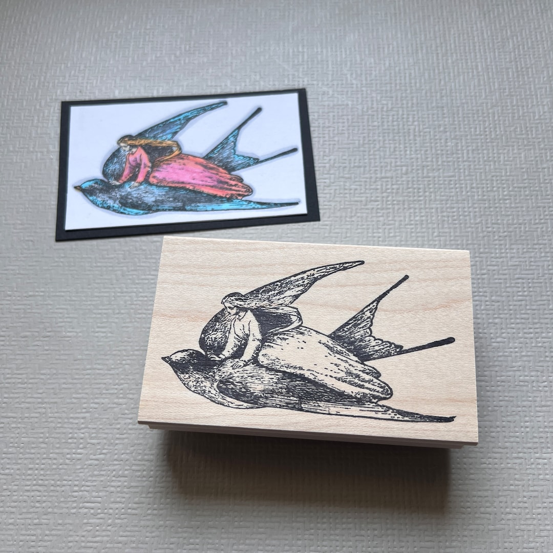 Lady Flying on a Bird Large or Small Rubber Stamp, Wood Mounted Stamp ...