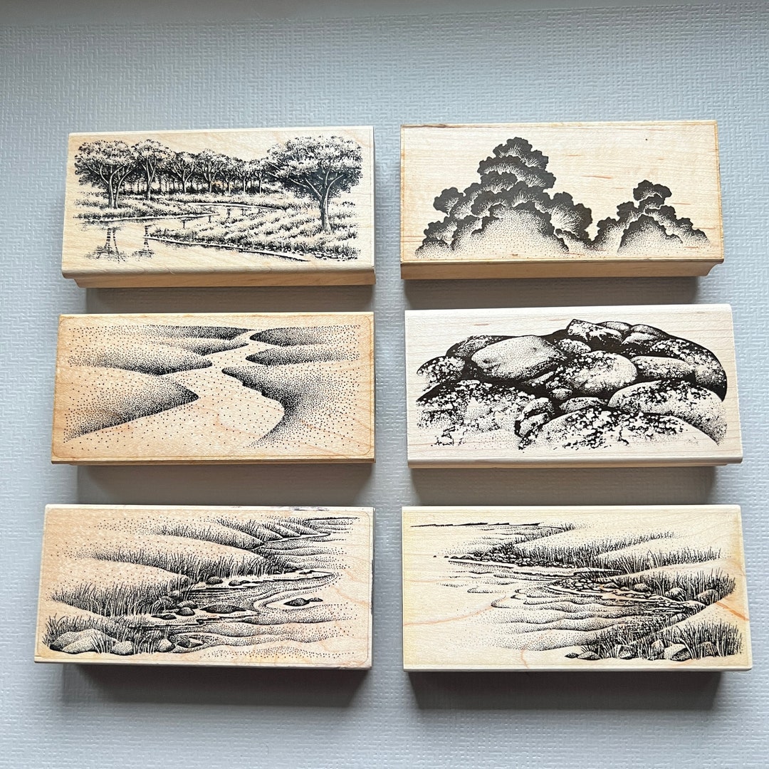 Vintage Stampscapes Outdoor Landscape Trees, Clouds, Grass and Rock ...