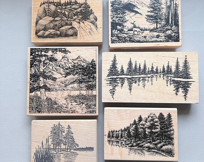 Rubber Stamp Nature Outdoor Water, Forest, Mountain Scenes Wood Mounted ...
