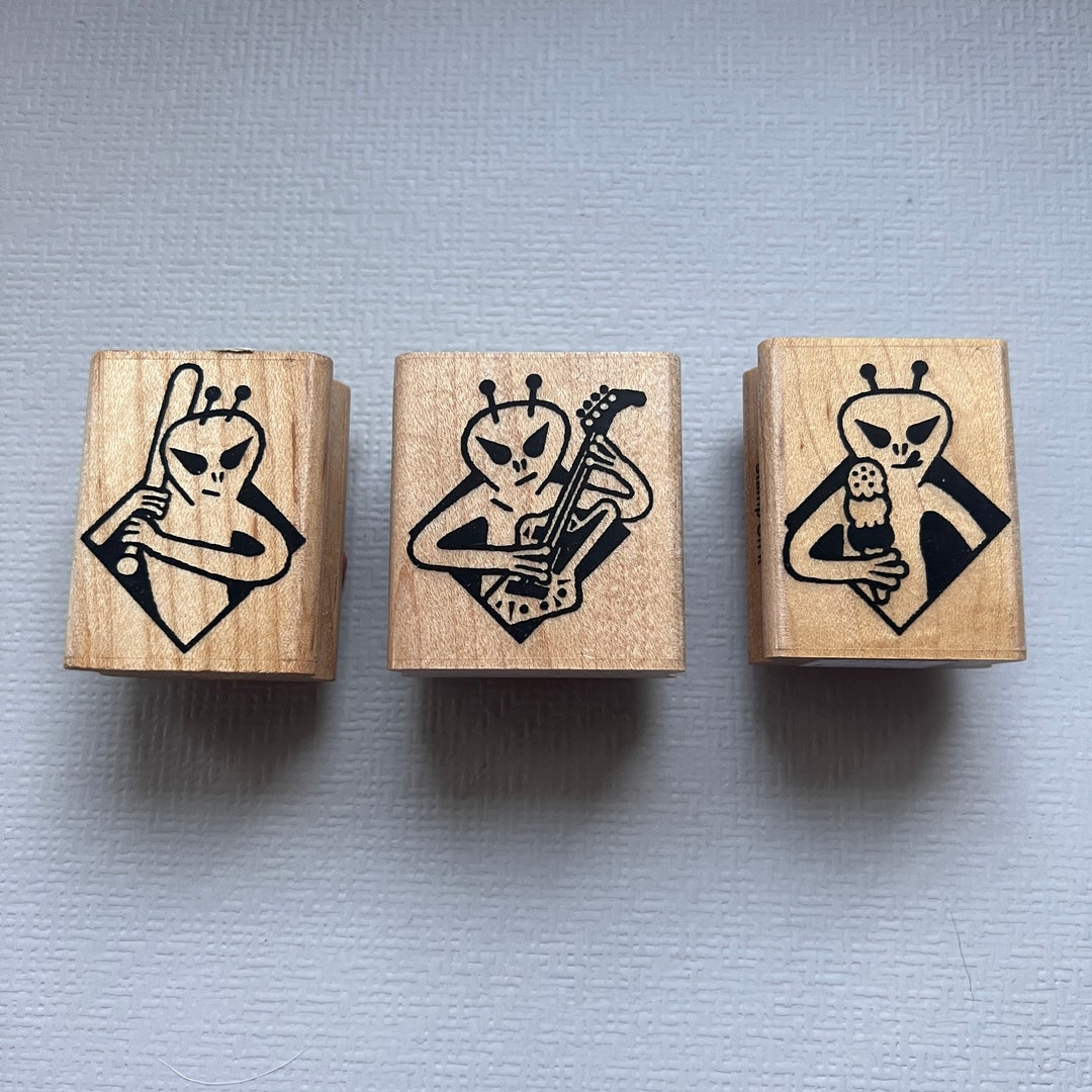 Vintage Rare Rubber Stamp Alien Playing Baseball and Eating Ice Cream ...