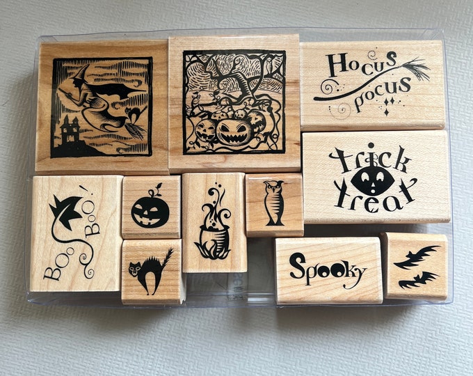 Vintage Rubber Stamp Set of 11 Halloween Wood Mounted Stamps From Close ...