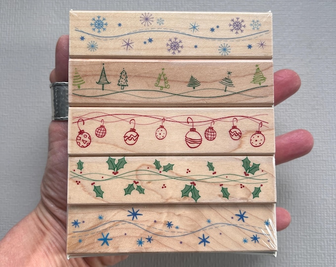 Vintage Rubber Stamp Set of 5 Christmas Holiday Line Border Wood ...