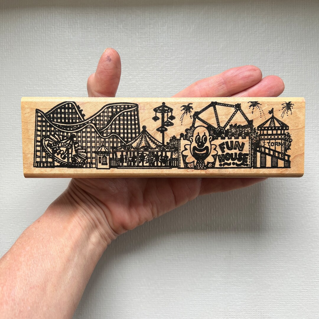 Vintage Rubber Stamp Carnival Fair Amusement Park Clown Skyline Border ...
