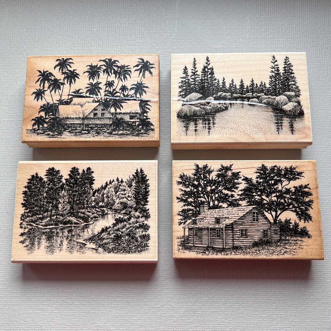 Vintage Stampscapes Outdoor Landscape Trees and Water Cabin Landscape ...