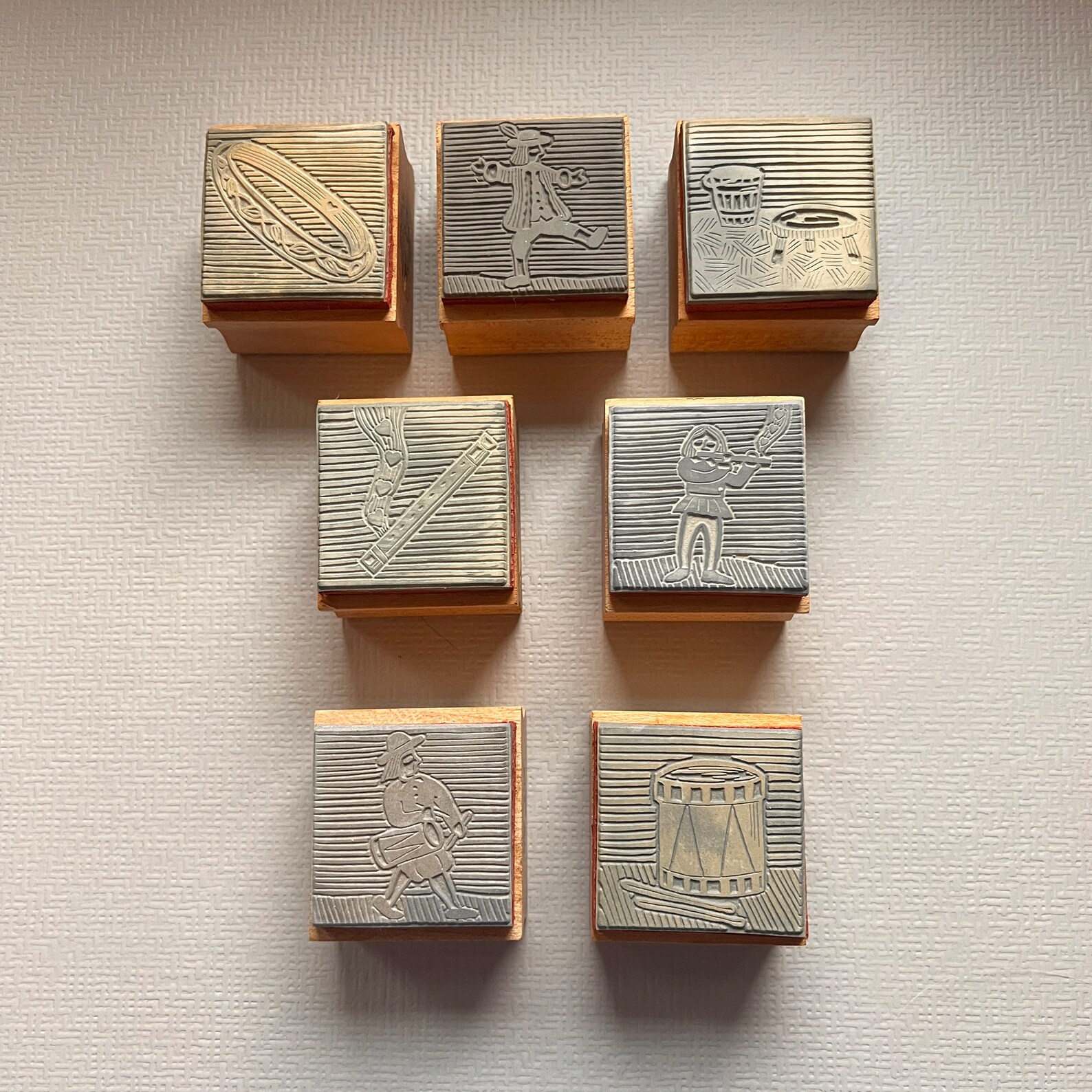 Rubber Stamp Vintage Carved People and Objects Music Wood Mounted ...